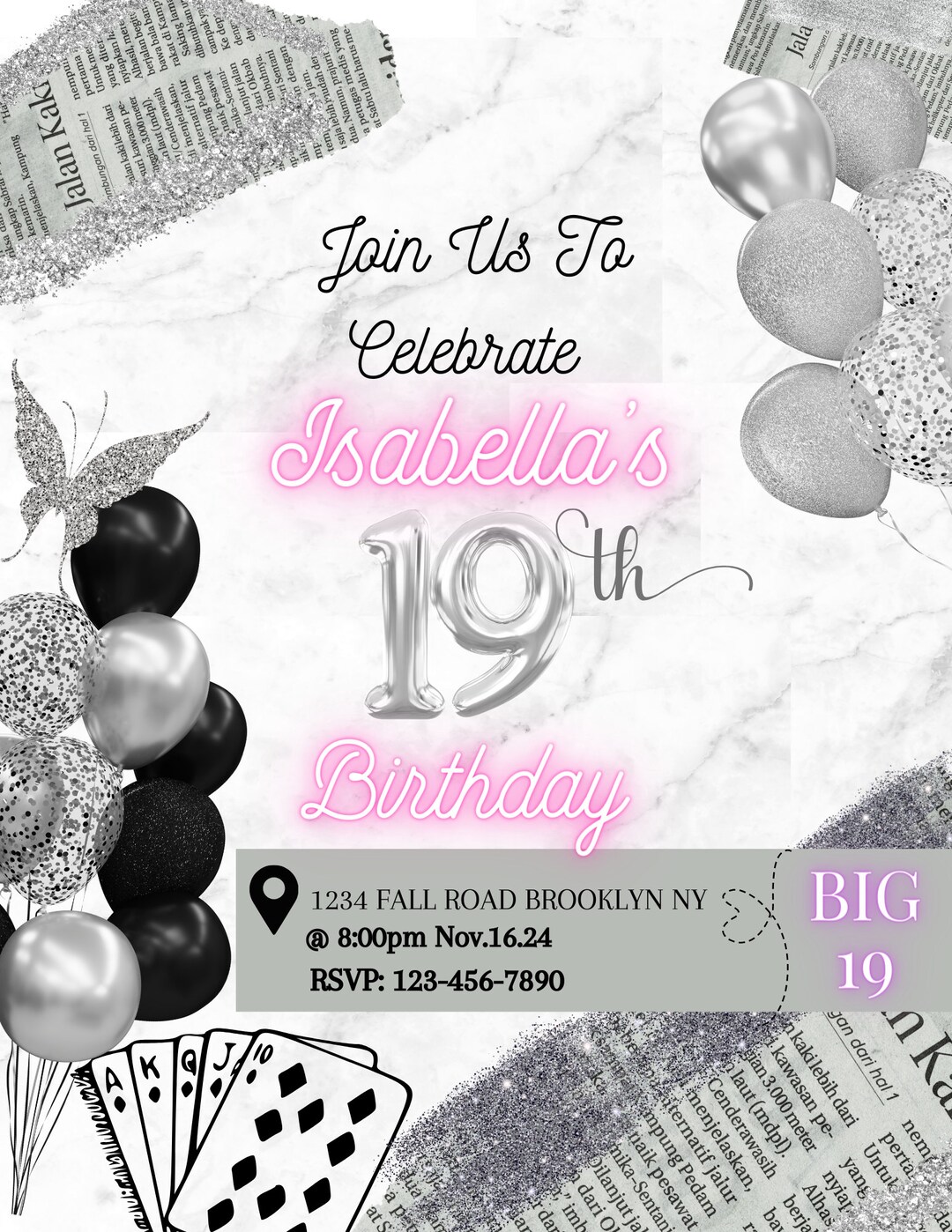 Glamorous Birthday Invite, 19th Birthday Invitation, Black and White ...