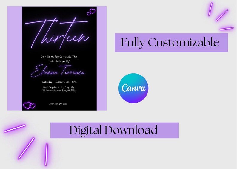 Thirteenth Birthday Invitation, Neon Purple and Black Birthday Invite ...