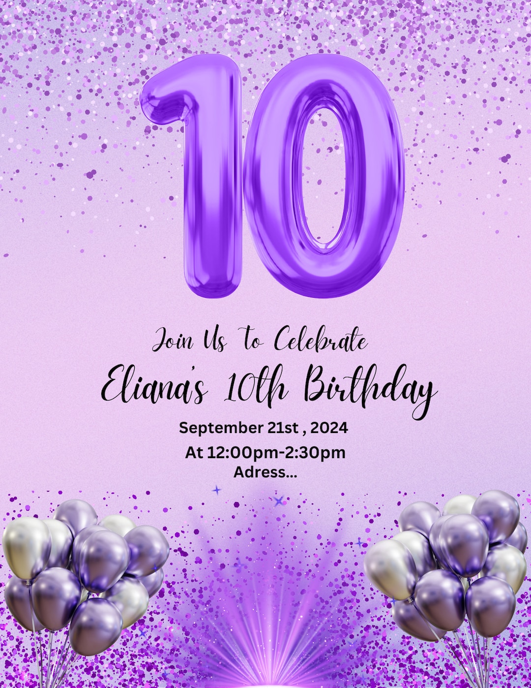 Editable Purple 10th Birthday Invitation Template, Birthday Invite for ...