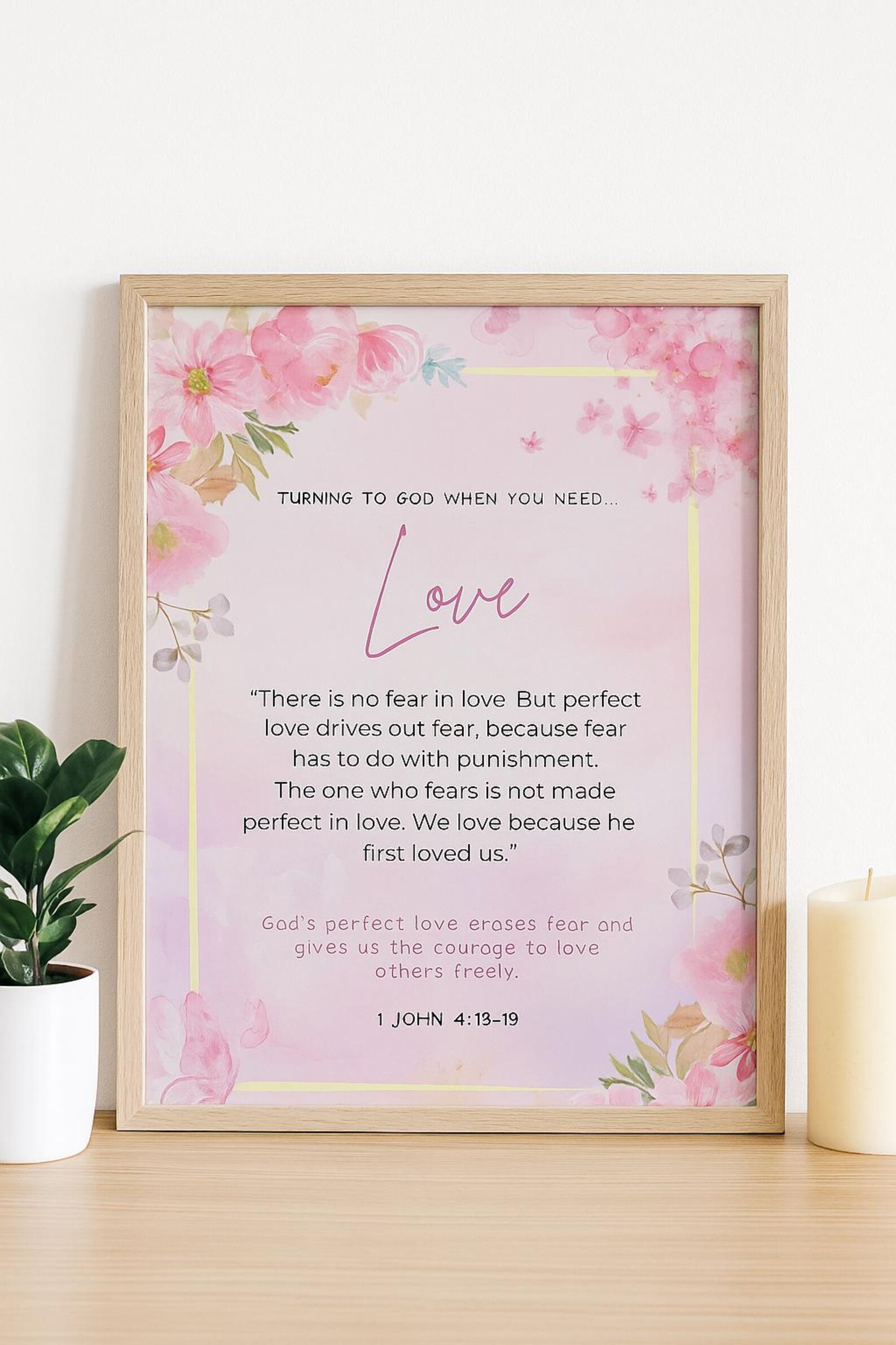 Love Bible Verse – 1 John 4:18-19 | Christian Wall Art | Pink ...