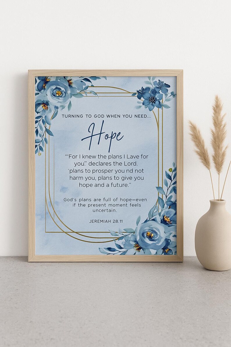 Hope Bible Verse – Jeremiah 29:11 | Christian Wall Art | Blue Floral ...