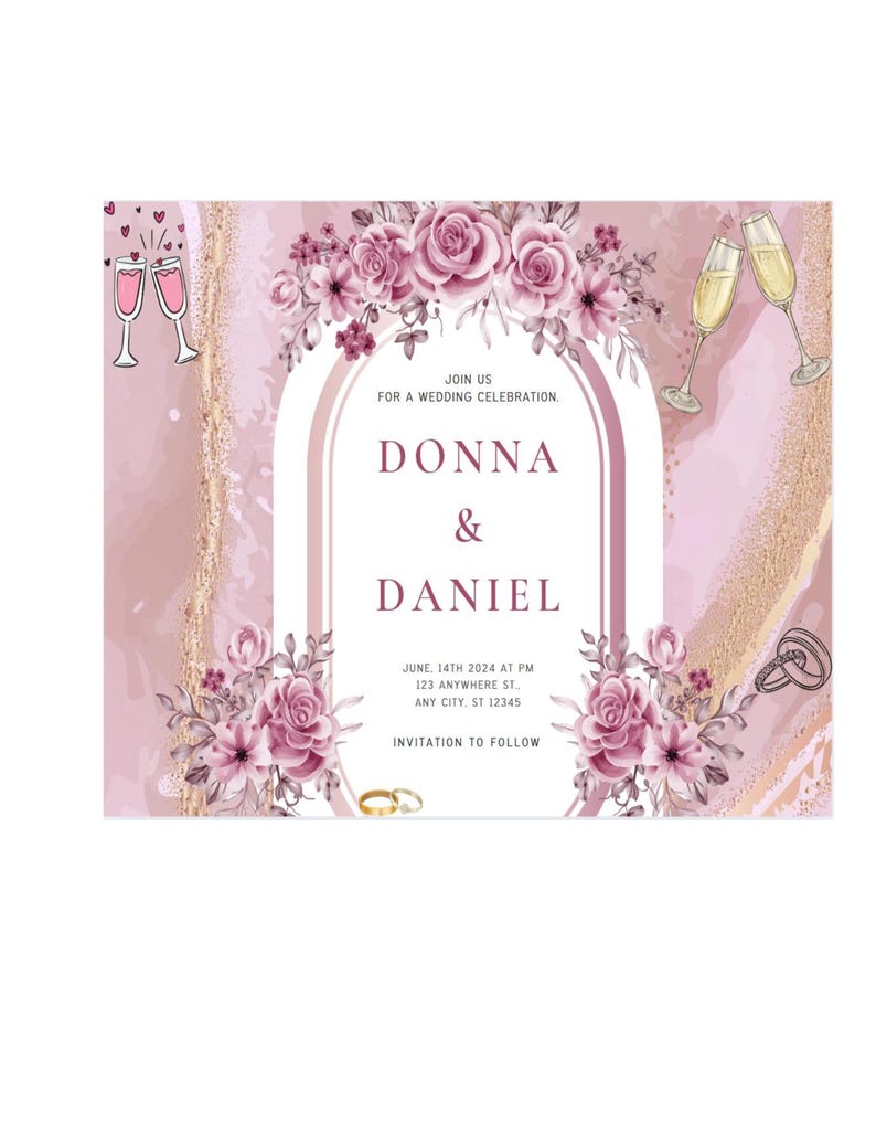 Elegant Blush & Gold Wedding Invitation | Floral Wedding Invite | Printable and Editable Digital ...