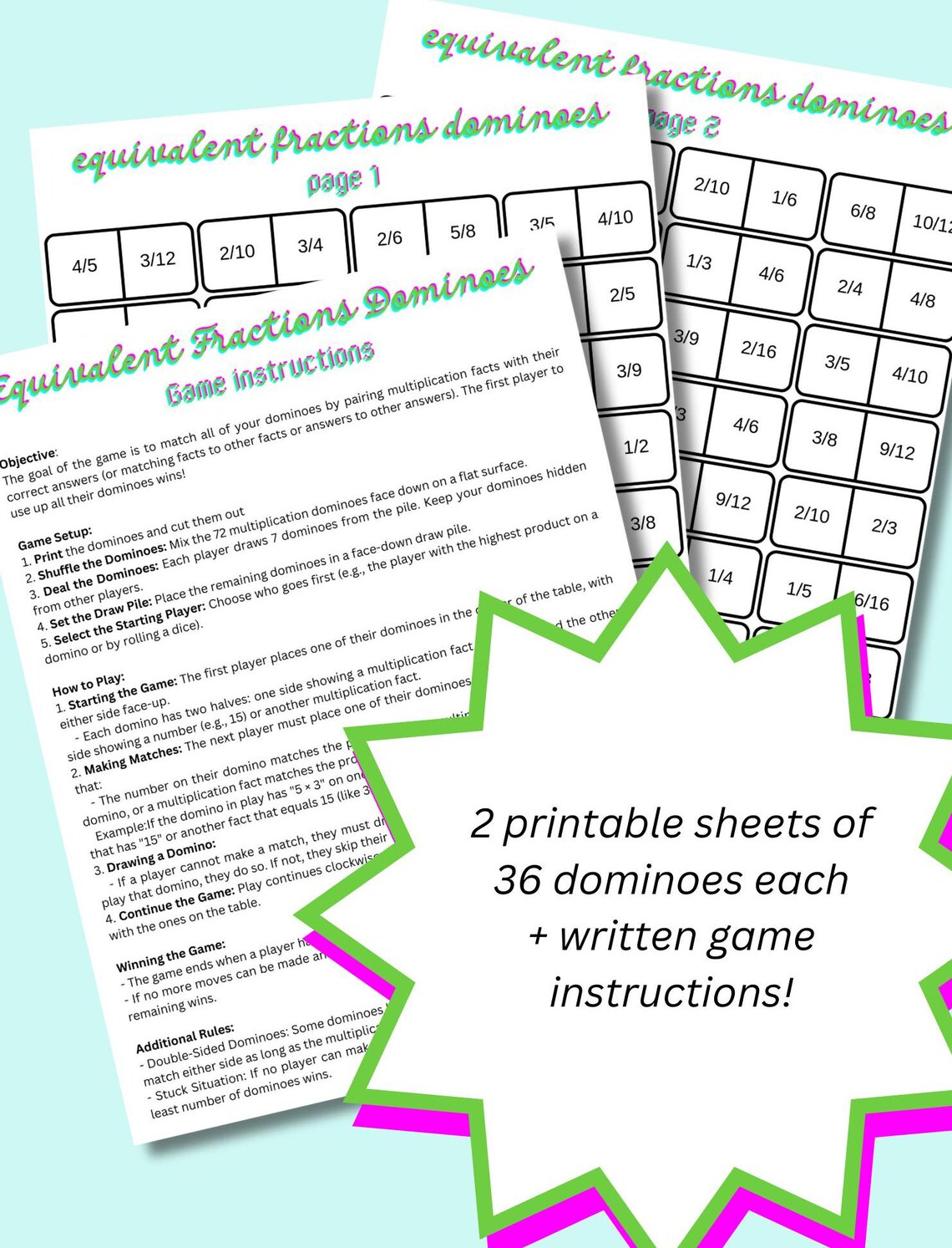 Printable Fractions Dominoes, Math Games for Kids - Etsy