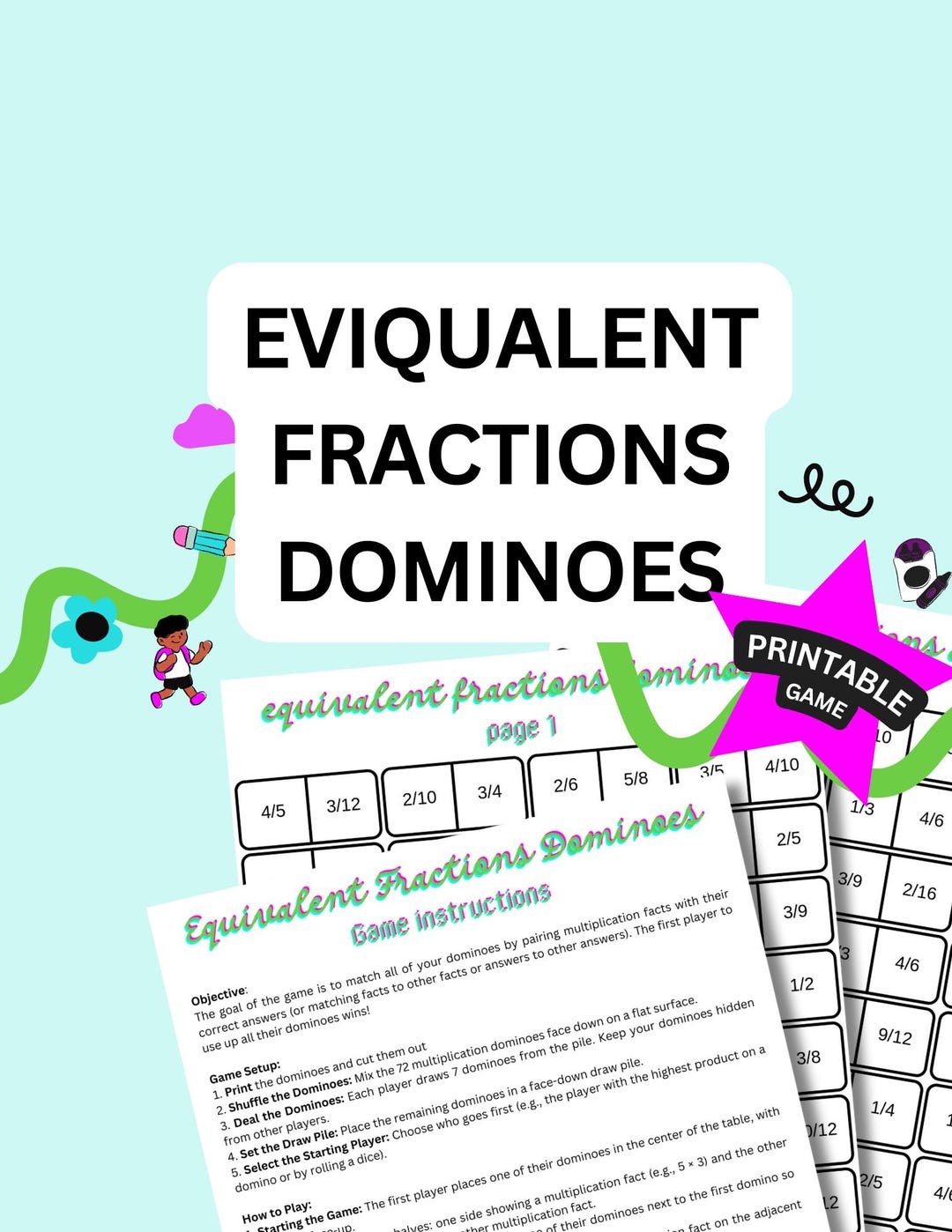 Printable Fractions Dominoes, Math Games for Kids - Etsy