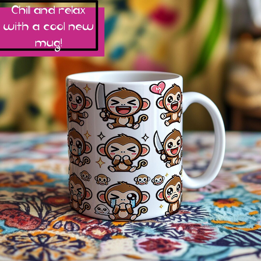 Mr. Monkey Emotes Ceramic Mug, Funny Coffee Mug With Vibrant Colors ...