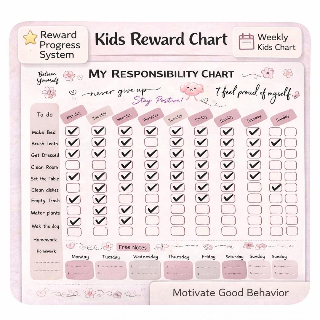Kids Reward Chart Printable, Chore Motivation Chart for Children, Daily ...
