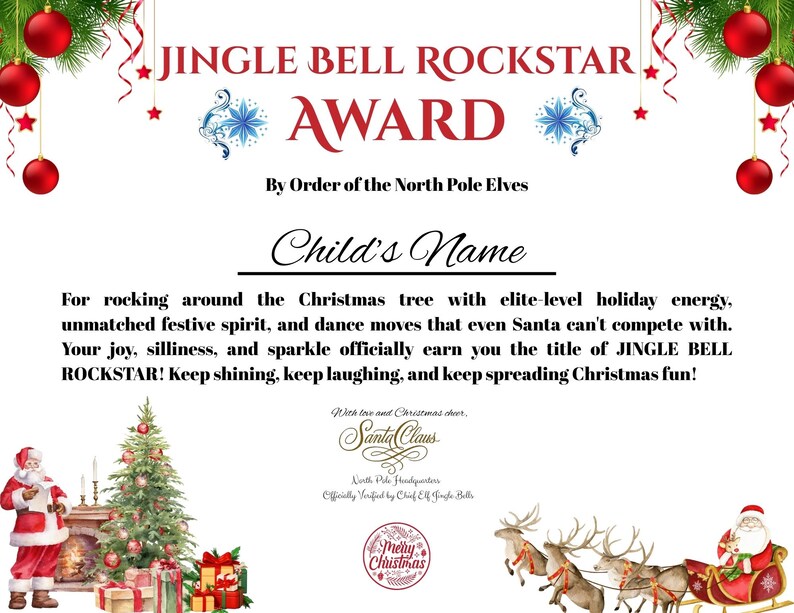 Jingle Bell Rockstar Award for Kids | Funny Christmas Certificate ...
