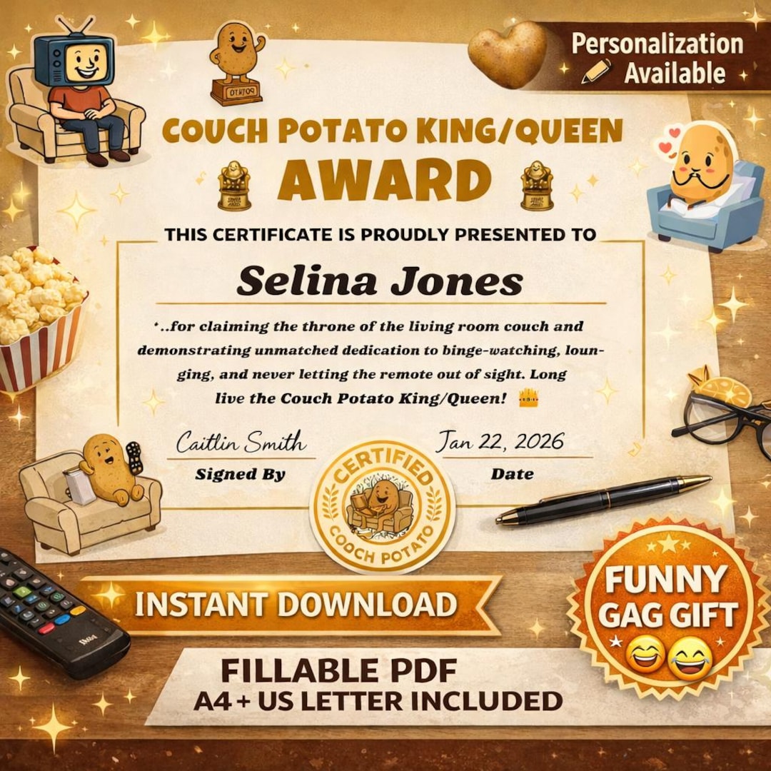 Couch Potato Award Certificate, Funny Family Gift (digital Download) - Etsy
