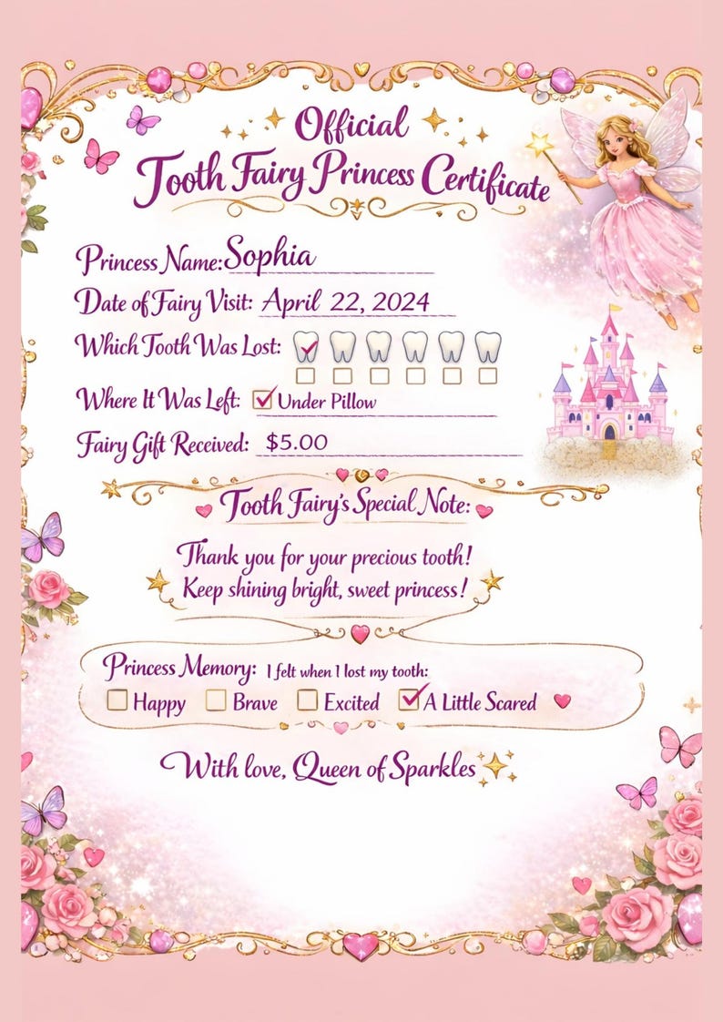 Tooth Fairy Reward Certificate Printable – Princess Fairy Tooth Award ...