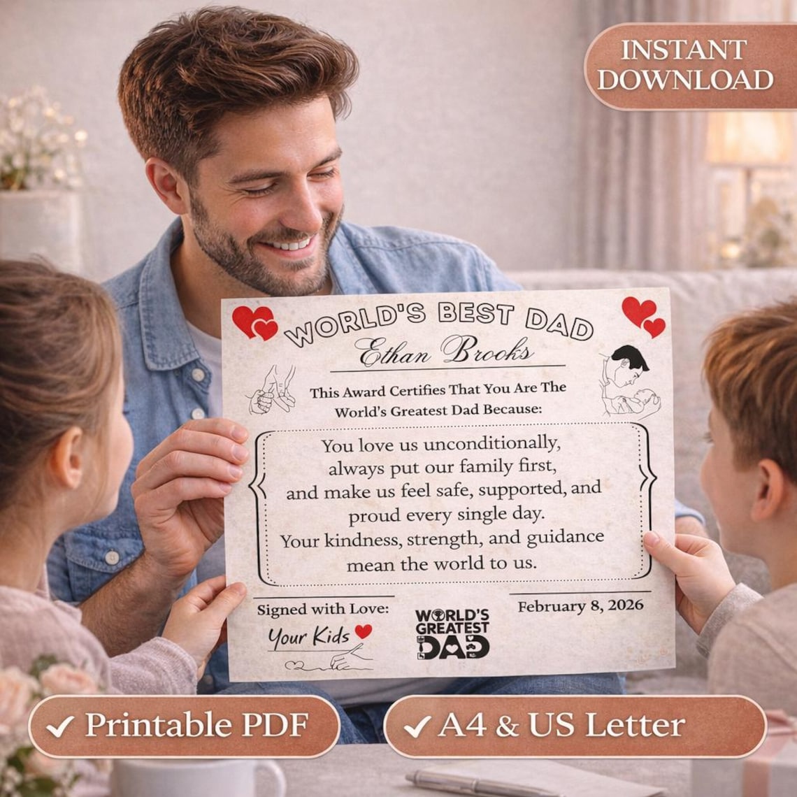 Printable World's Best Dad Certificate, Father's Day Gift From Kids ...