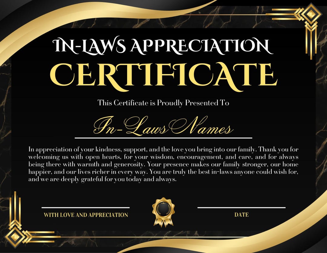 In-laws Appreciation Certificate | Best In-laws Ever Award | Heartfelt ...