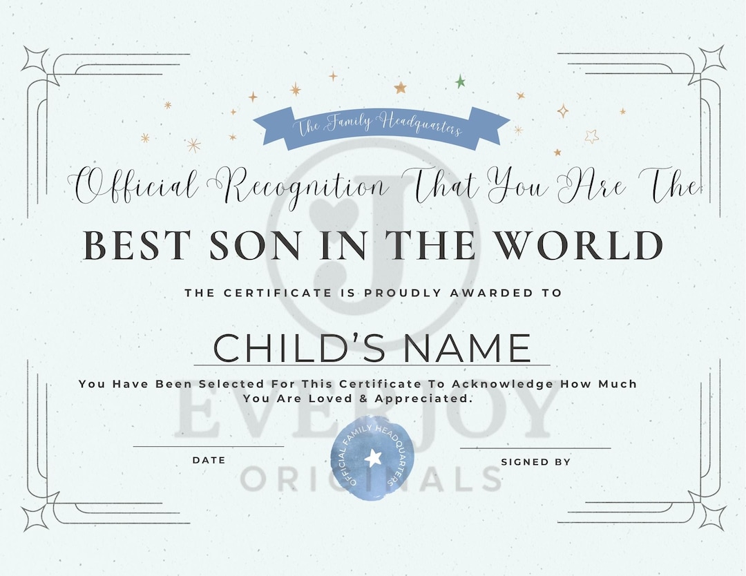 Best Son Award Certificate, Birthday Gift Printable, Best Son Ever ...