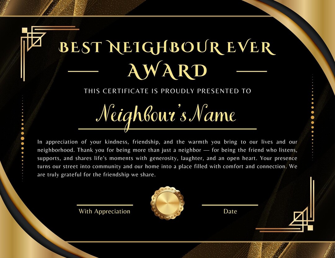 Best Neighbor Ever Award Certificate | Neighbor Appreciation Printable ...