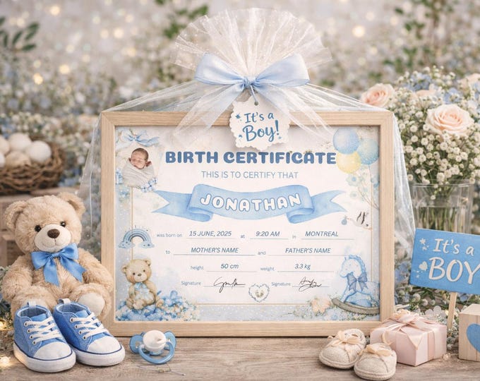Baby Boy Birth Certificate Printable, Newborn Stats Memory, Baby Shower ...