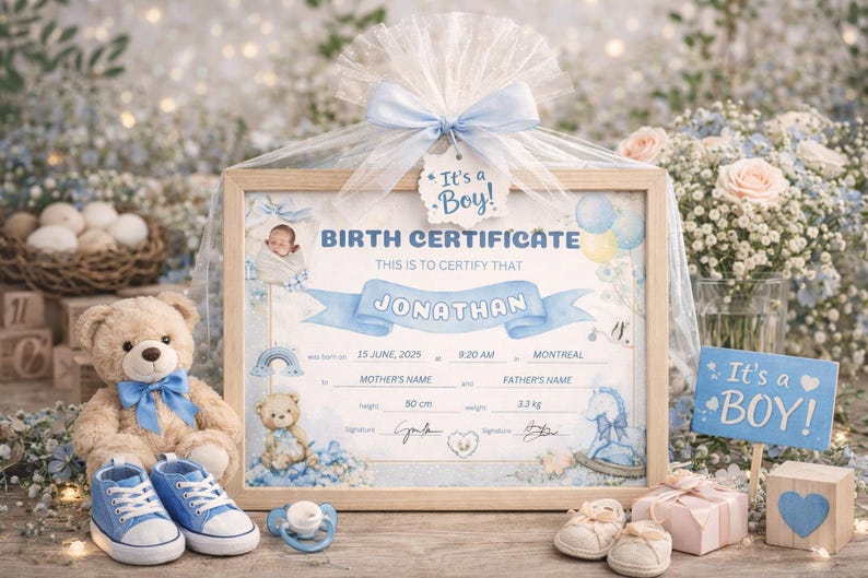 Baby Boy Birth Certificate Printable, Newborn Stats Memory, Baby Shower ...