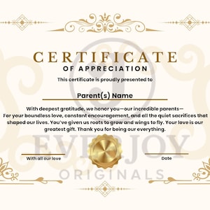Parents Appreciation Certificate: Printable Thank You Gift (PDF ...