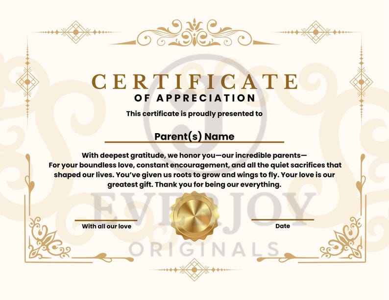 Parents Appreciation Certificate: Printable Thank You Gift (PDF ...