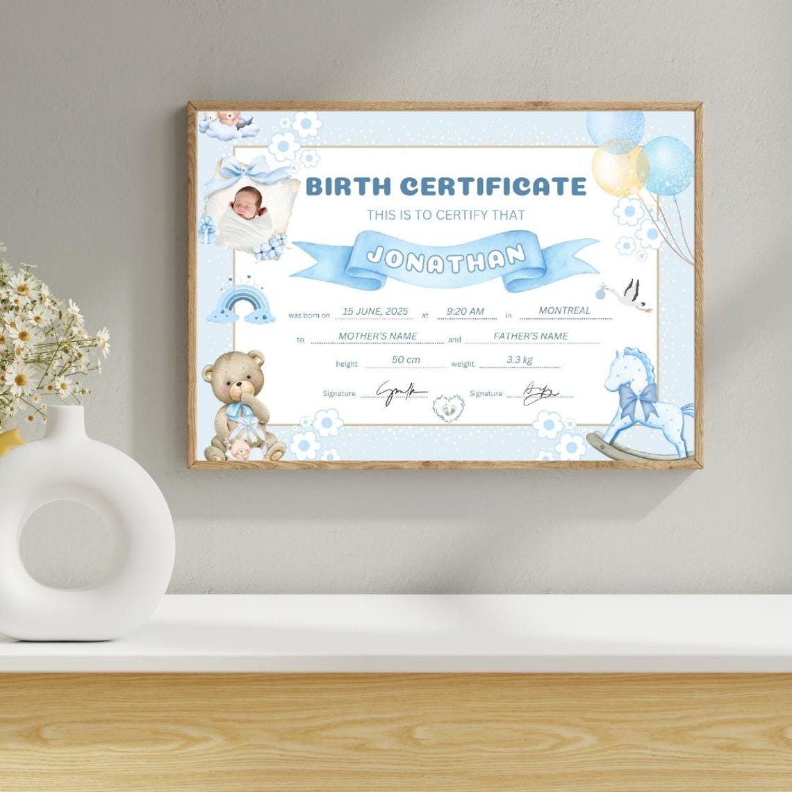 Baby Boy Birth Certificate Printable, Newborn Stats Memory, Baby Shower ...