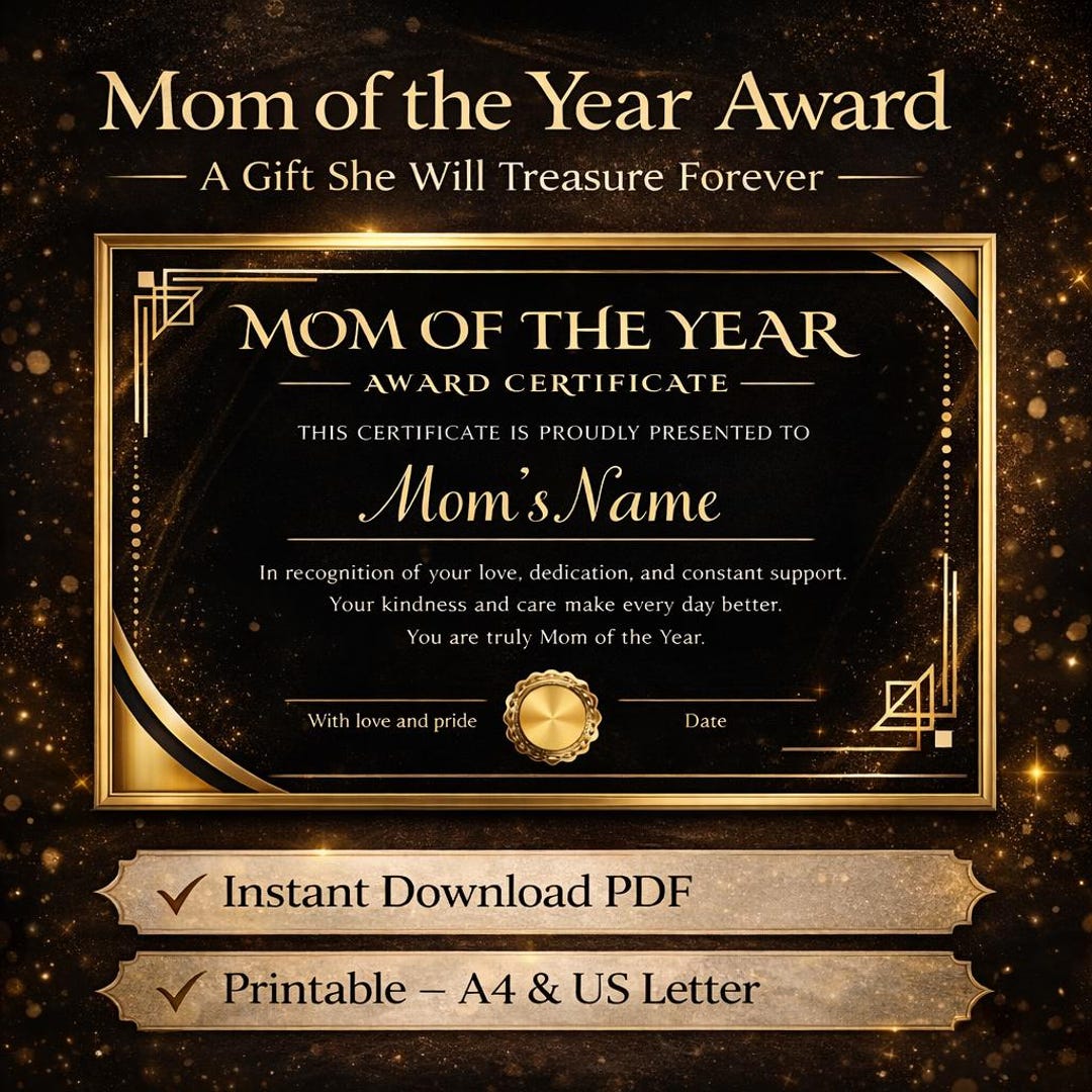 Mom of the Year Award Certificate Printable – Mother’s Day, Birthday ...