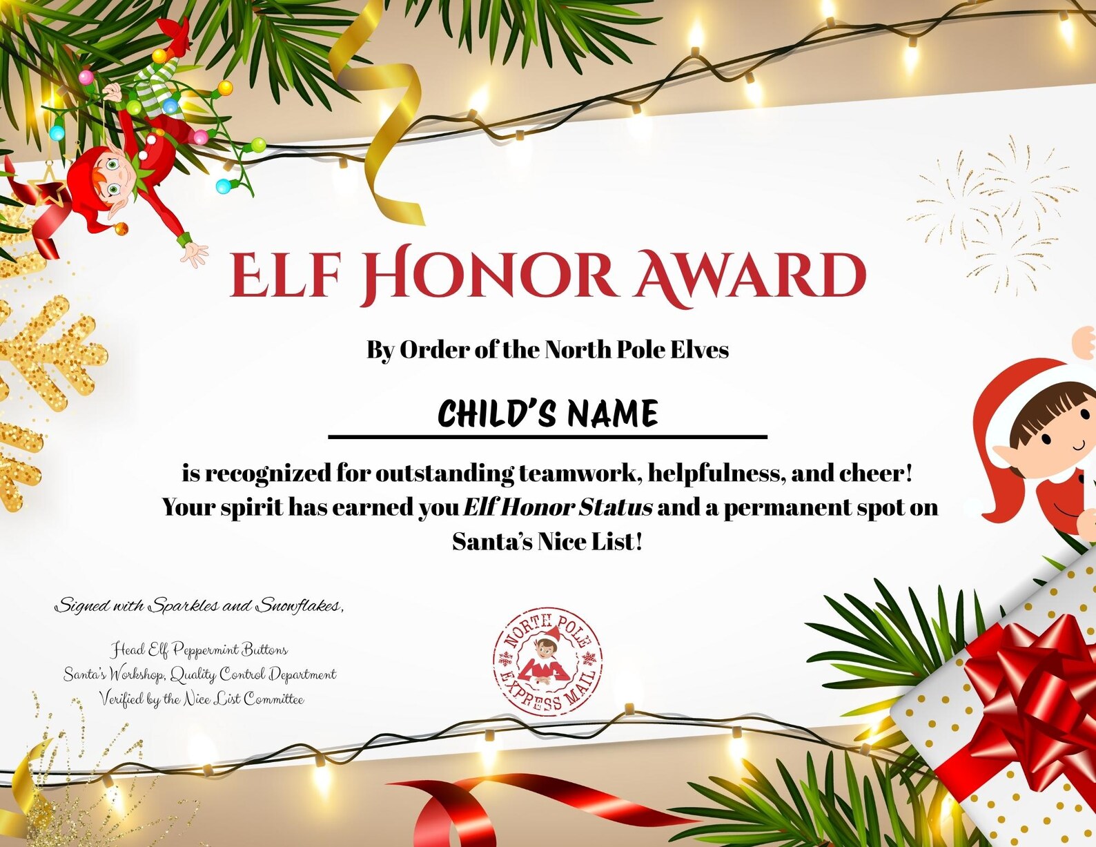 Elf Honor Award | Printable Certificate From Santa’s Workshop | Funny ...