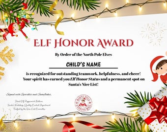 Elf Honor Award | Printable Certificate From Santa’s Workshop | Funny ...