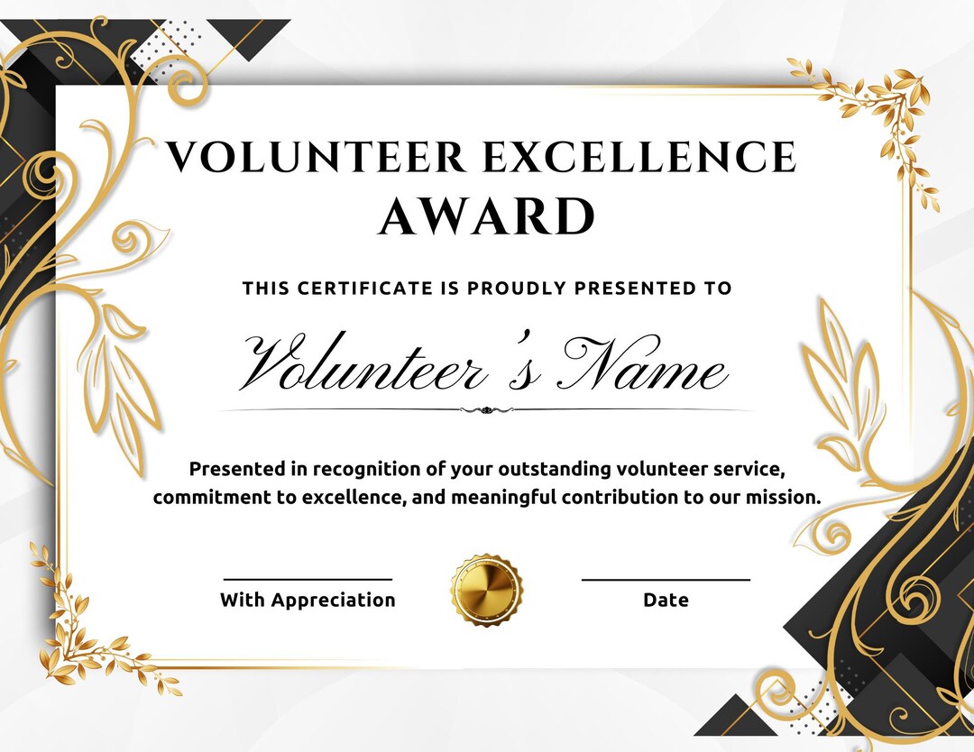 Volunteer Excellence Award Certificate Volunteer Appreciation