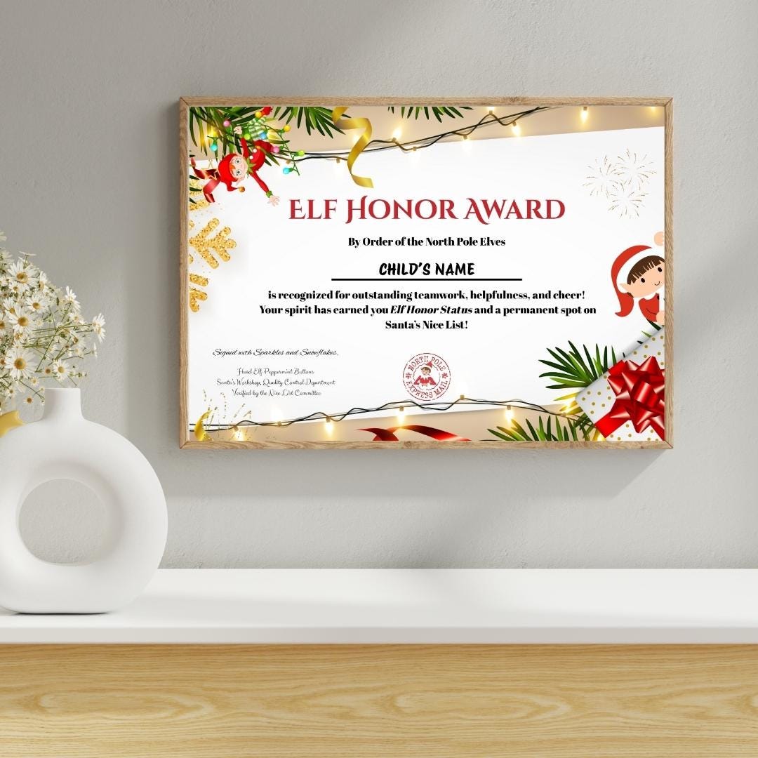 Elf Honor Award | Printable Certificate From Santa’s Workshop | Funny ...