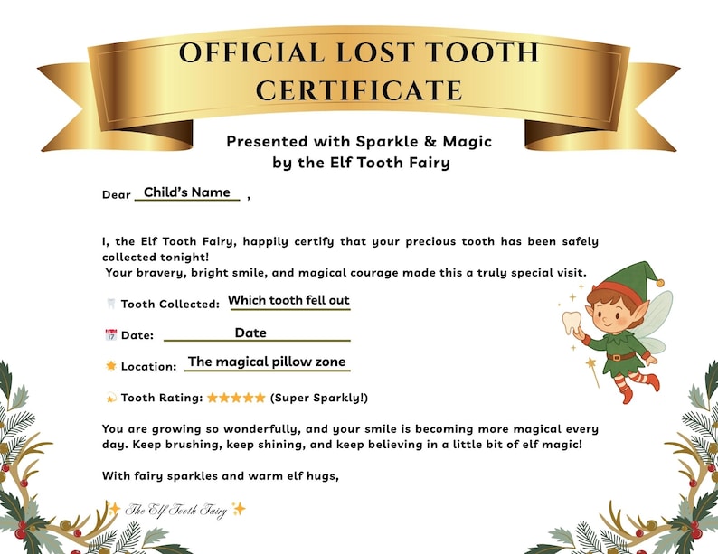 Elf Tooth Fairy Lost Tooth Certificate • Christmas Tooth Certificate ...