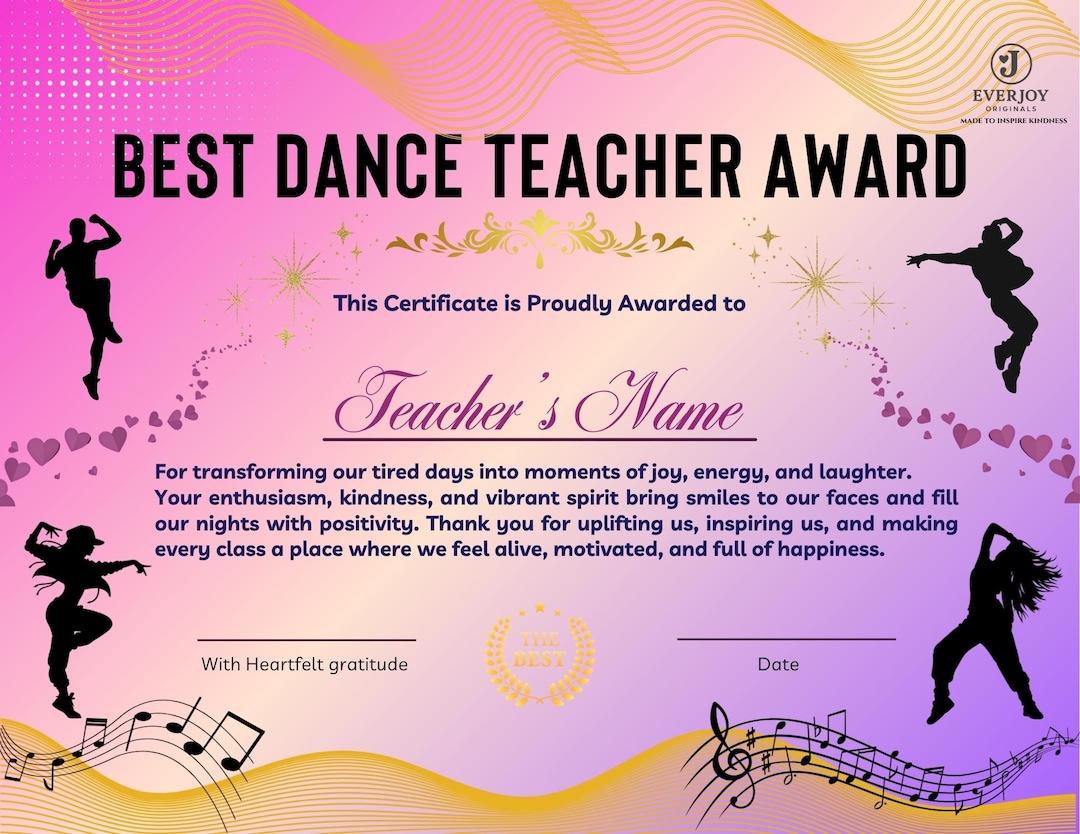 Best Dance Teacher Award Certificate, Dance Instructor Appreciation ...