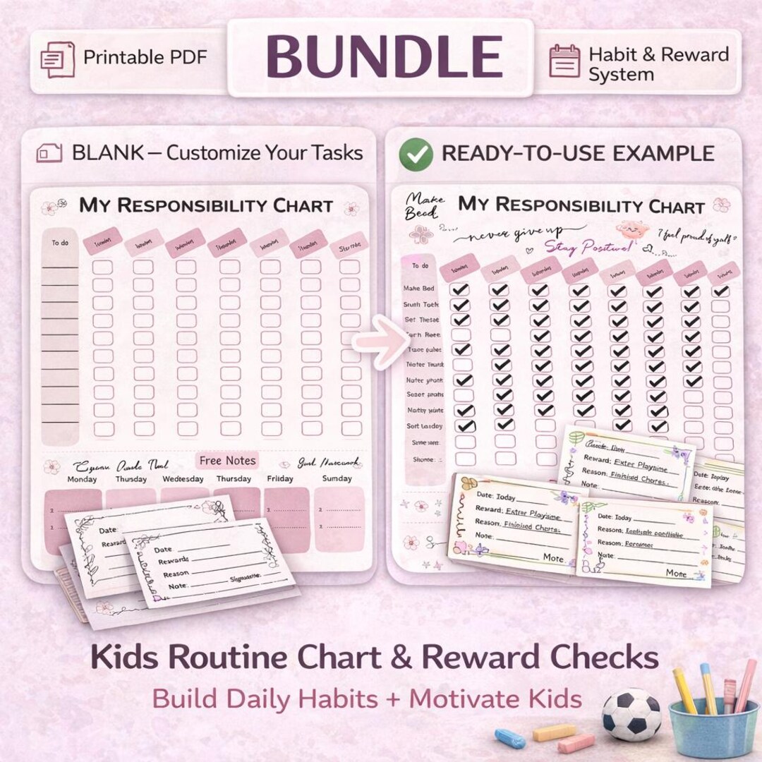 Kids Habit Tracker Bundle Printable – Daily Routine Chart & Reward ...