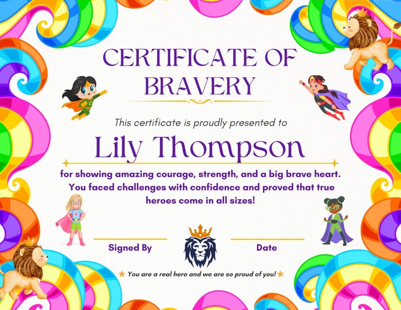 Bravery Certificate Printable for Girls – Courage Award Certificate PDF ...