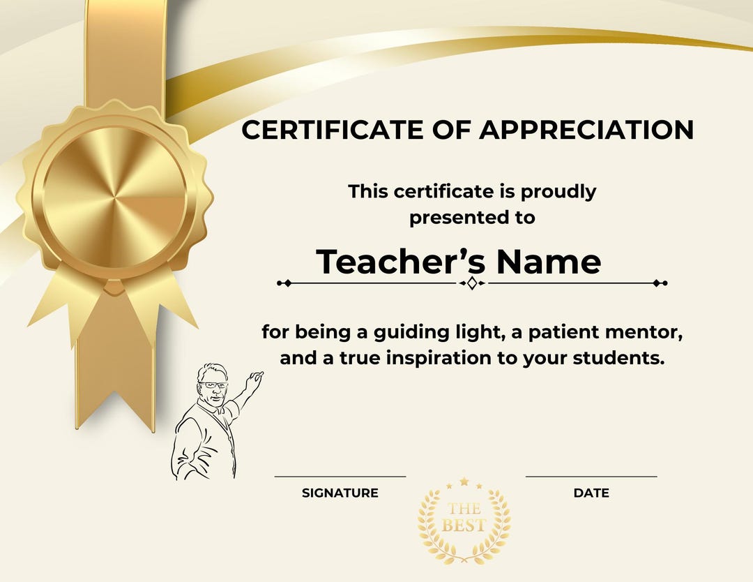 Teacher Appreciation Week Gift, Male Teacher Appreciation Certificate ...