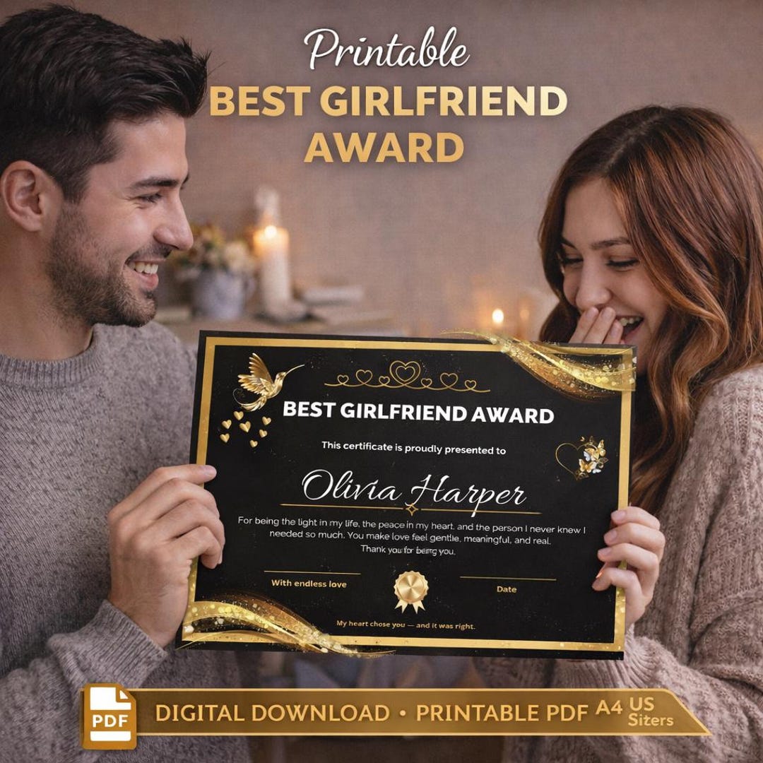 Romantic Best Girlfriend Certificate Printable, Elegant Love Award for ...