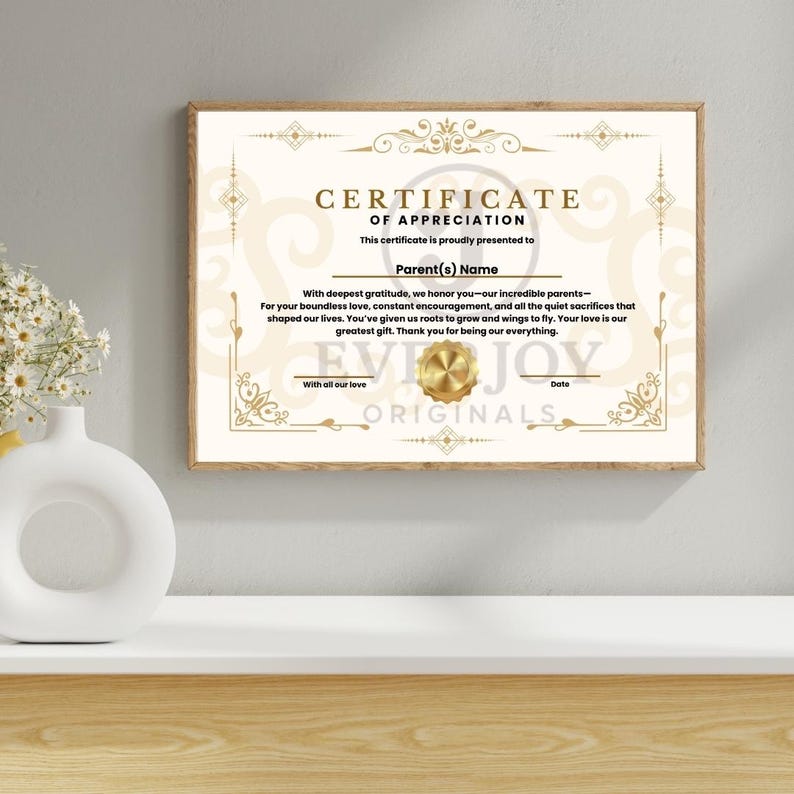 Parents Appreciation Certificate: Printable Thank You Gift (PDF ...