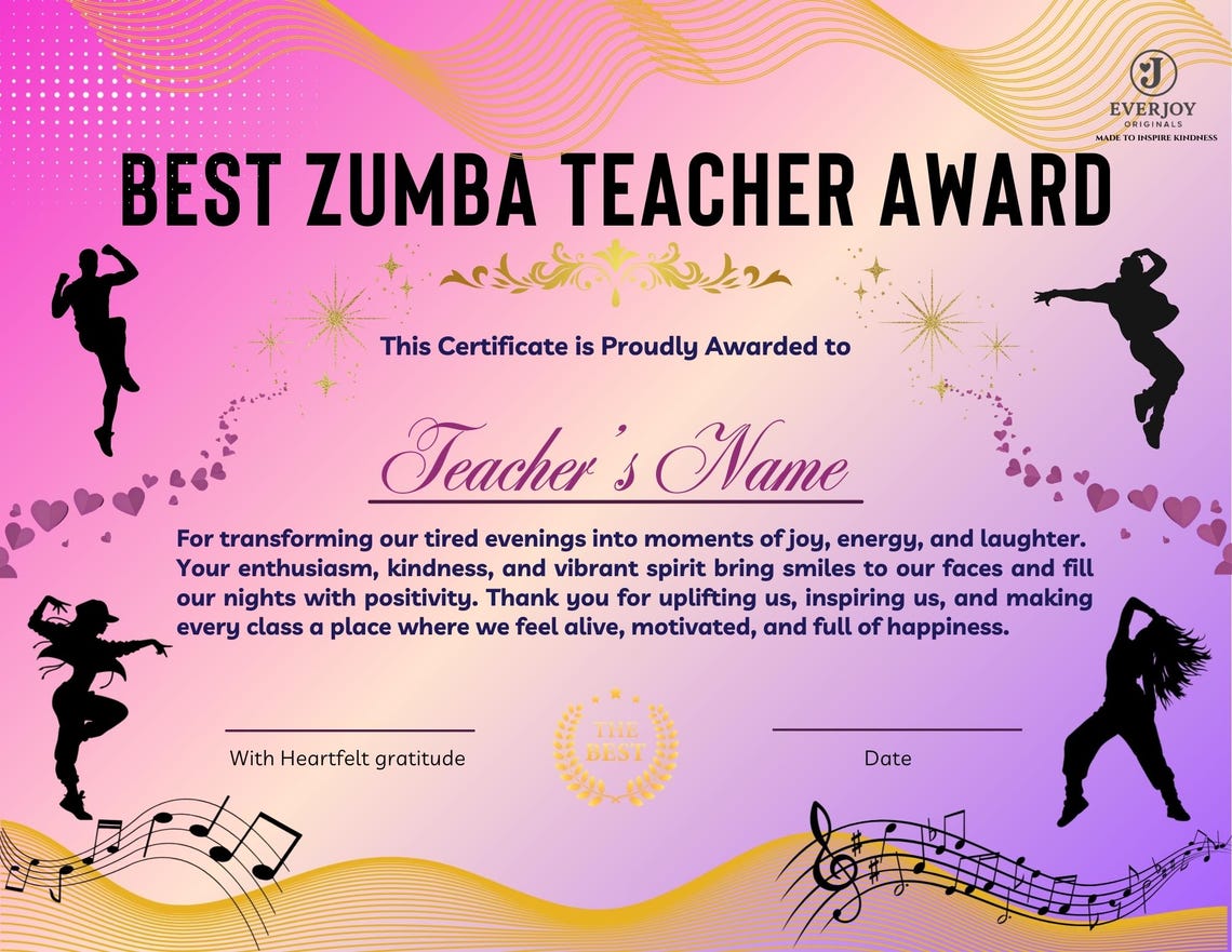 Best Zumba Teacher Award Printable, Zumba Appreciation Certificate ...