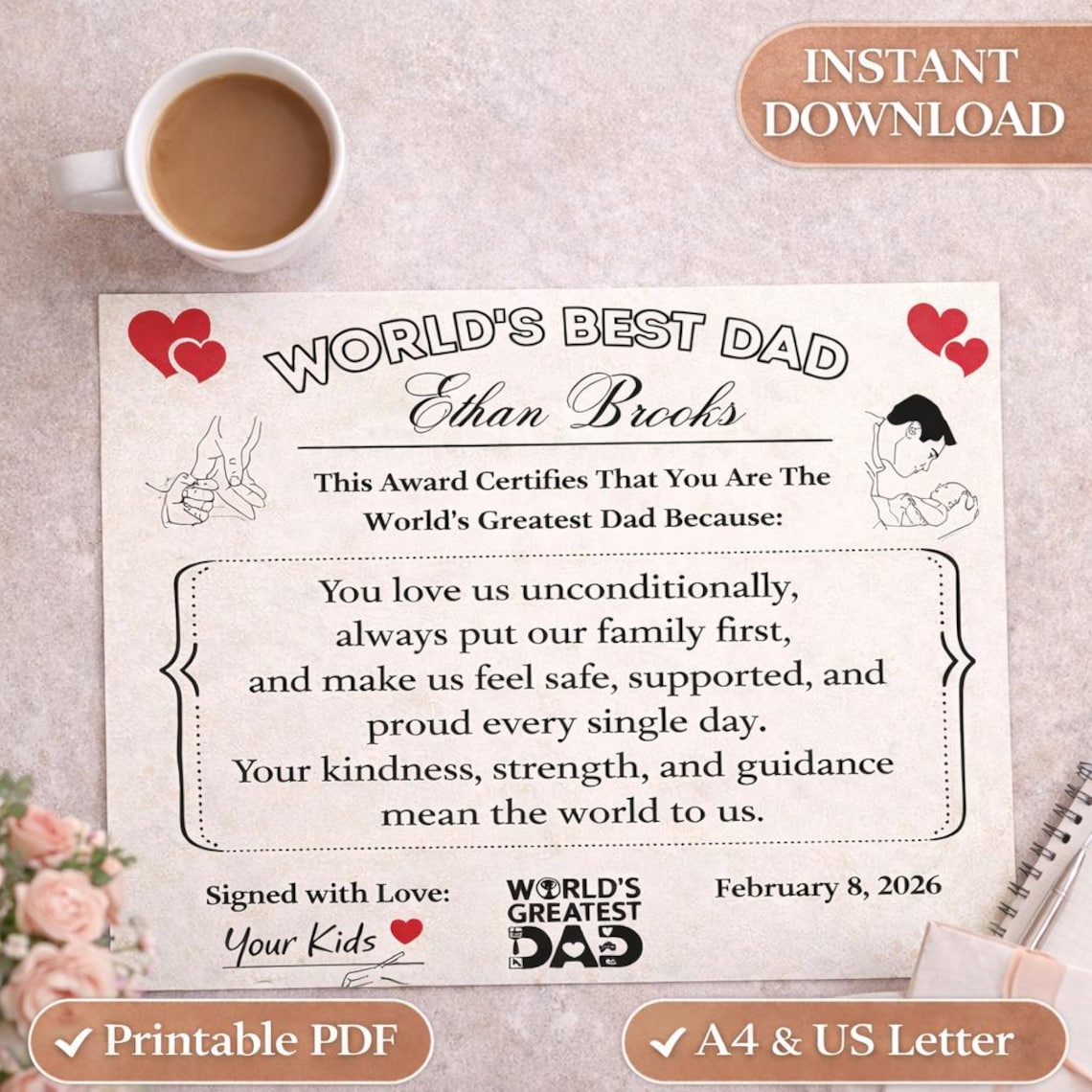 Printable World's Best Dad Certificate, Father's Day Gift From Kids ...