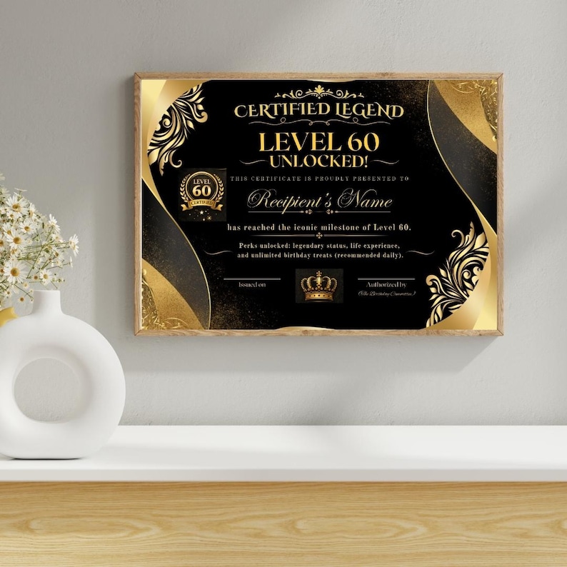 60th Birthday Certificate Printable, Level 60 Unlocked, Level up ...