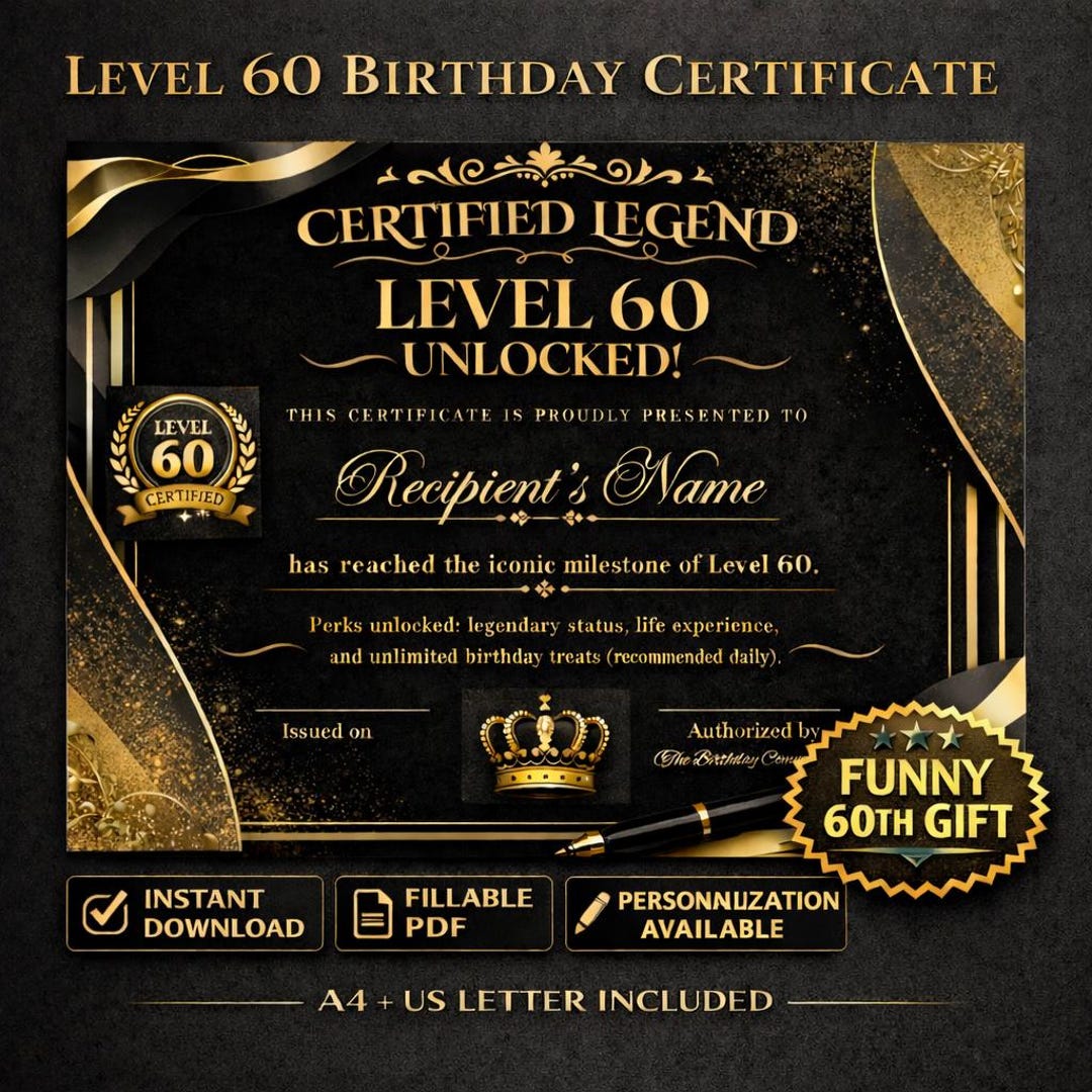 60th Birthday Certificate Printable, Level 60 Unlocked, Level up ...