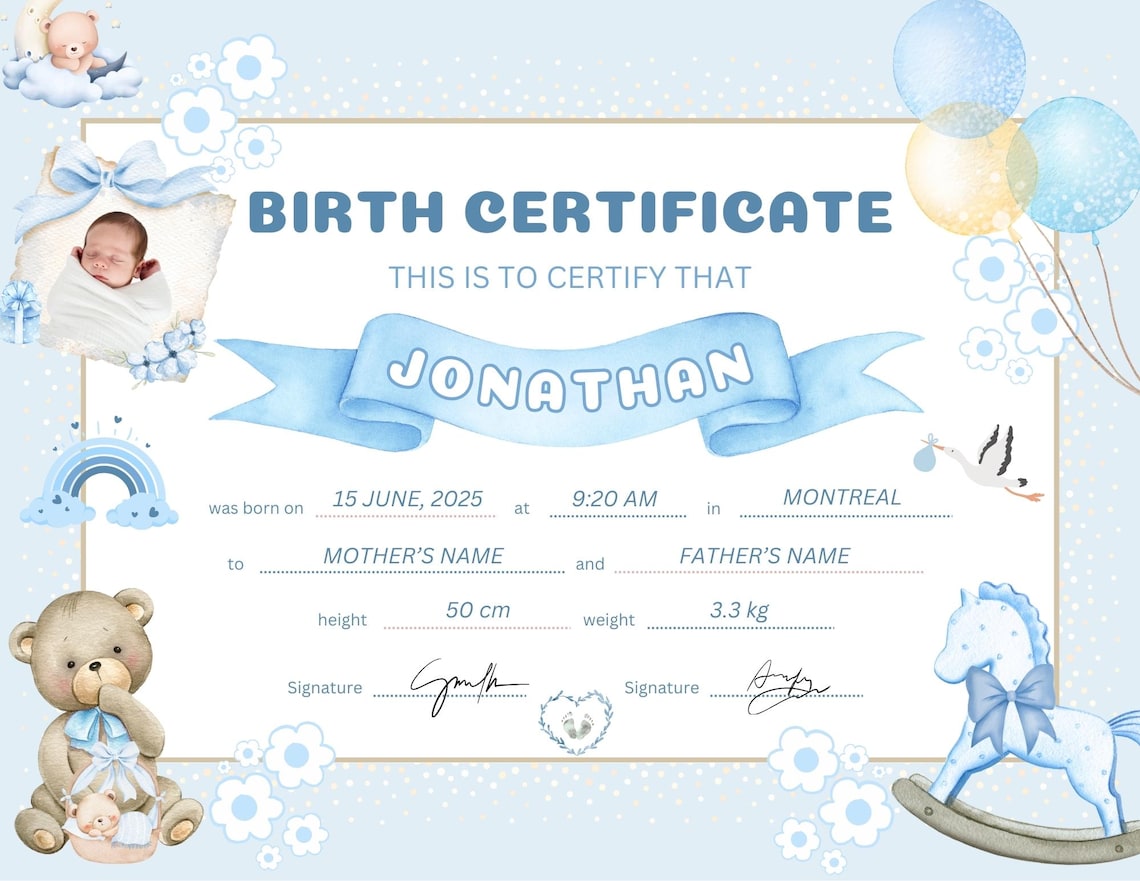 Baby Boy Birth Certificate Printable, Newborn Stats Memory, Baby Shower ...