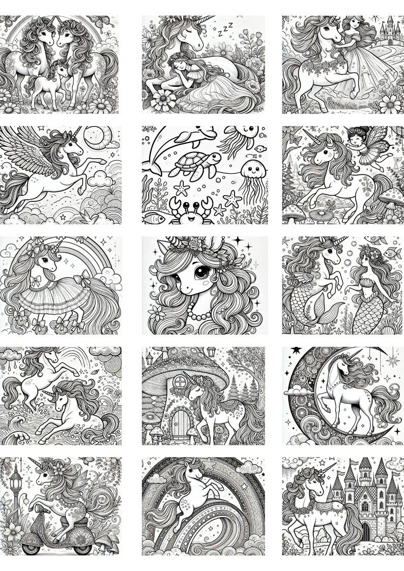 55 Pages Magical Unicorn Coloring Book Printable, Fairy Tale Fun With ...