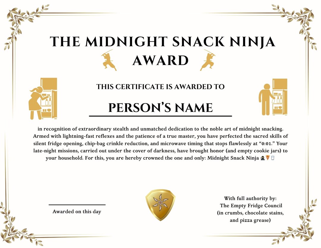 Midnight Snack Ninja Award Certificate: Funny Gag Gift (digital ...