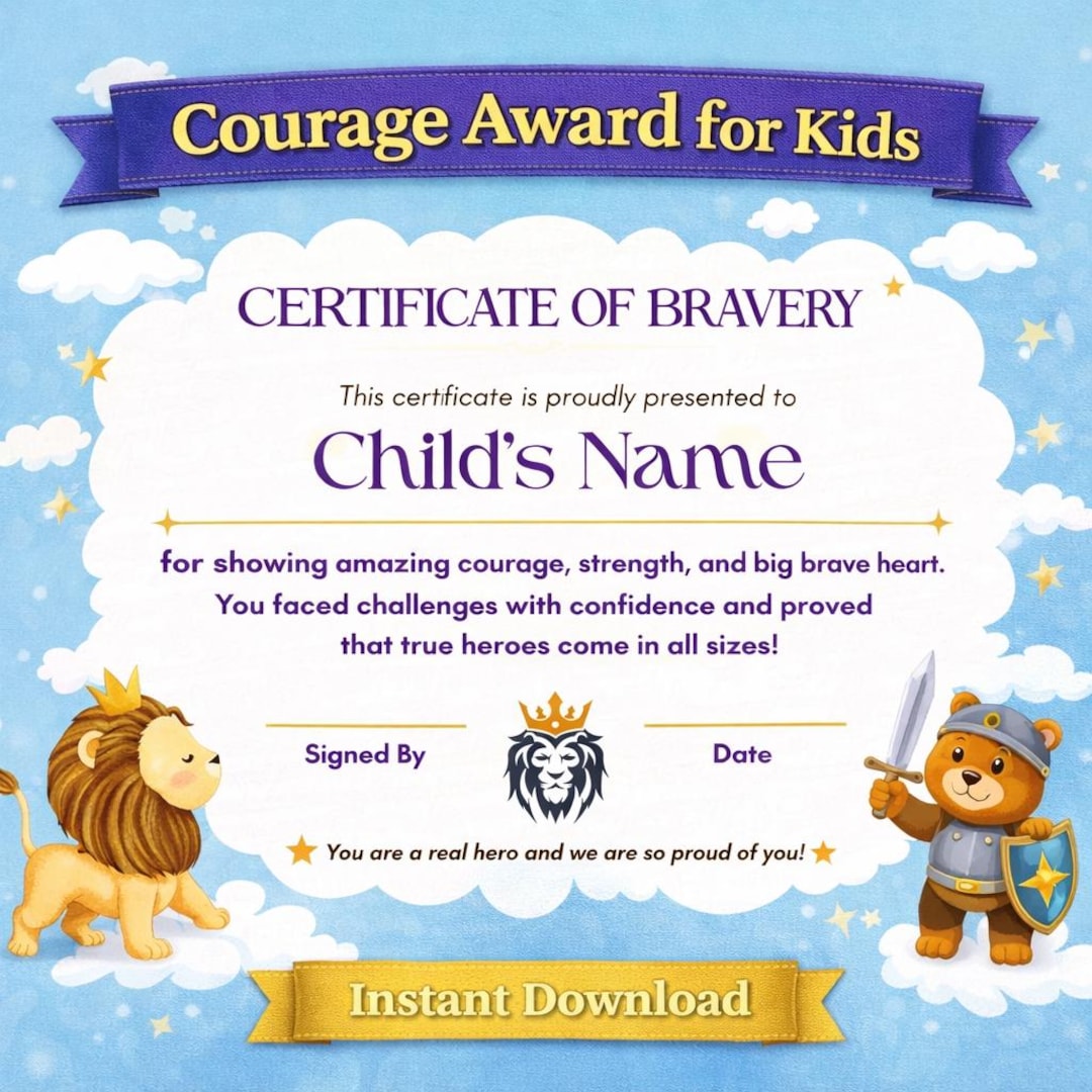 Kids Courage Award Certificate – Printable Bravery Gift (PDF Download ...
