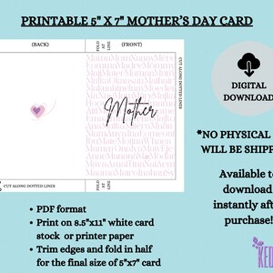 PRINTABLE Mother's Day Card - Mother in Different Languages, 5x7 Card ...