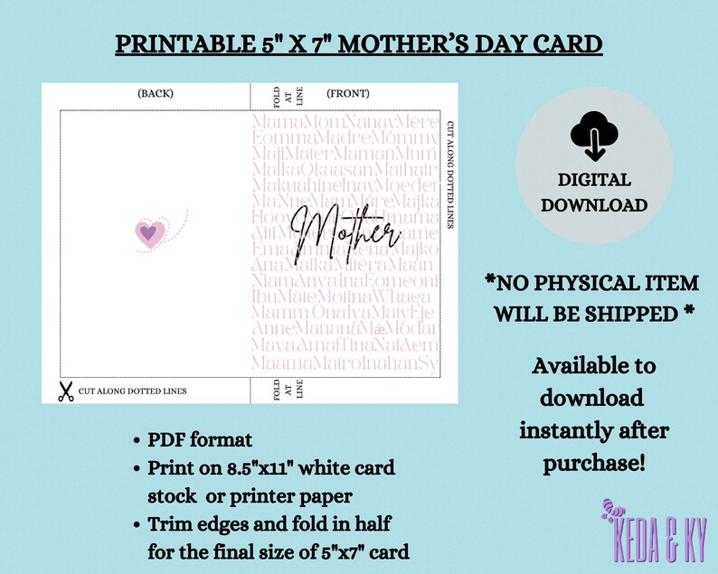 PRINTABLE Mother's Day Card - Mother in Different Languages, 5x7 Card ...