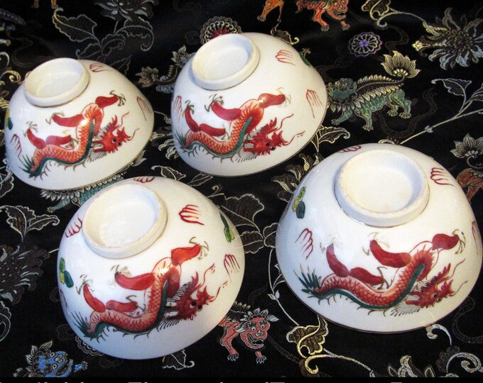 4-PC SET: Vintage 4 1/2 Footed Rice Bowls, Asian Dragon Design ...