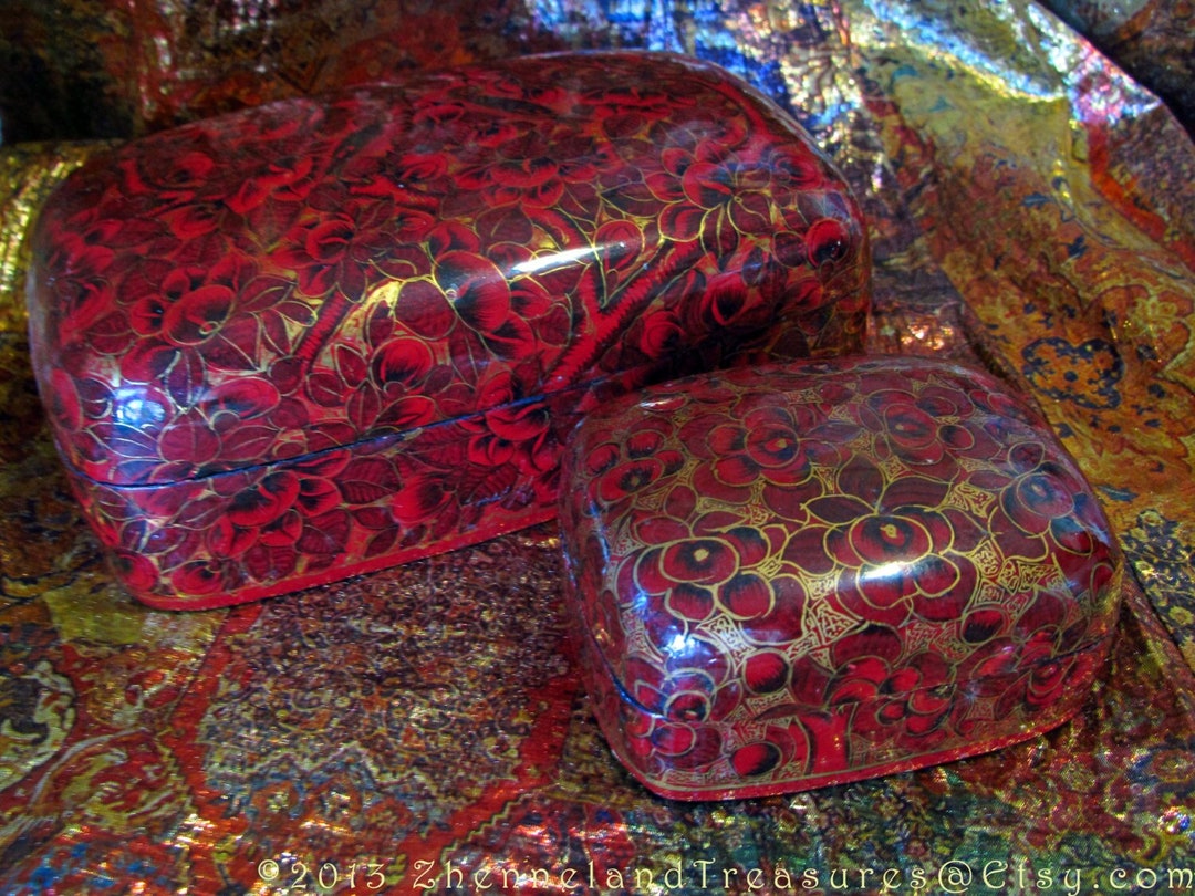 PAIR of Vintage Indian Trinket Boxes/ Handpainted Papier Mache/ Made in ...