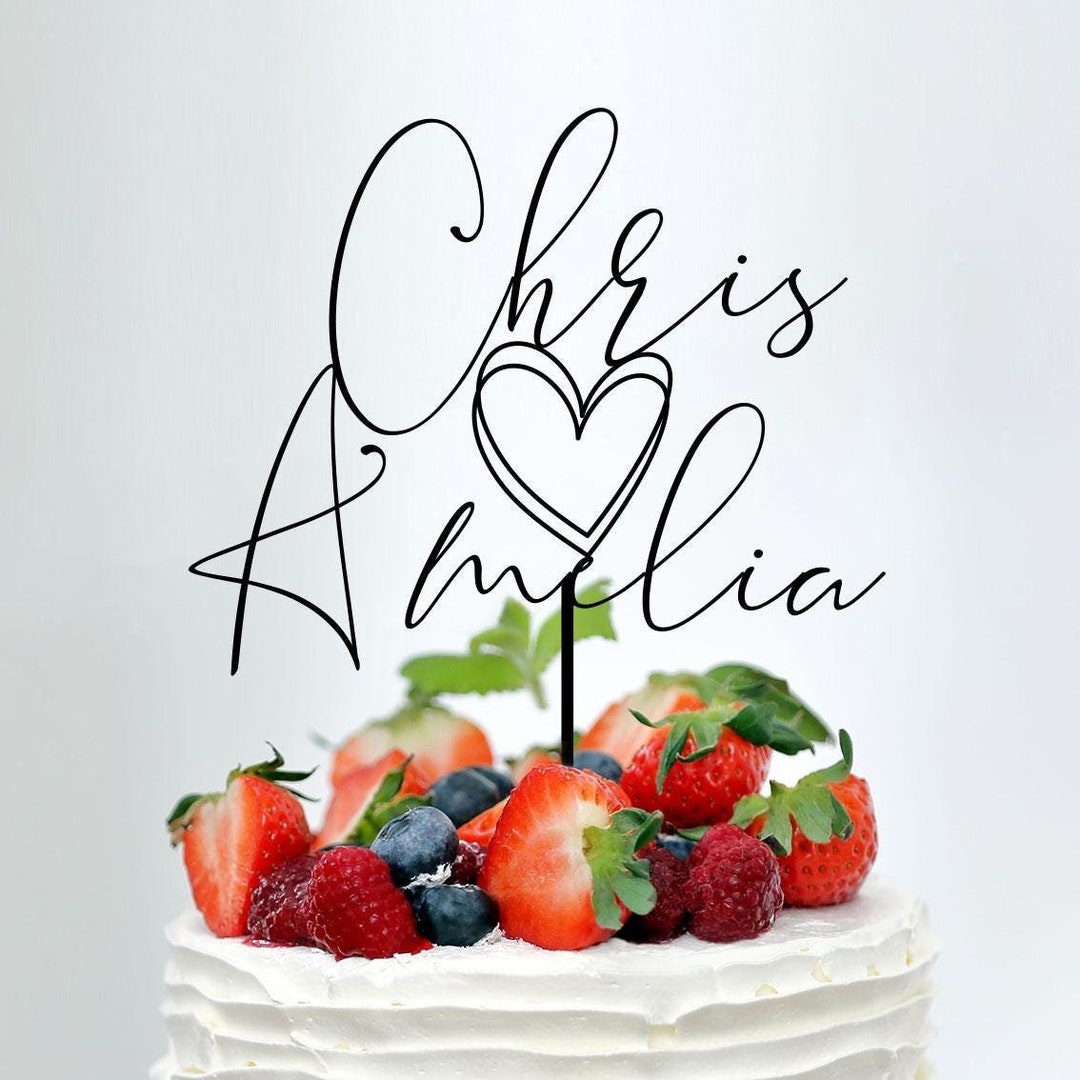 Custom Wedding Name Cake Topper, Heart Shaped Cake Topper, Rustic ...