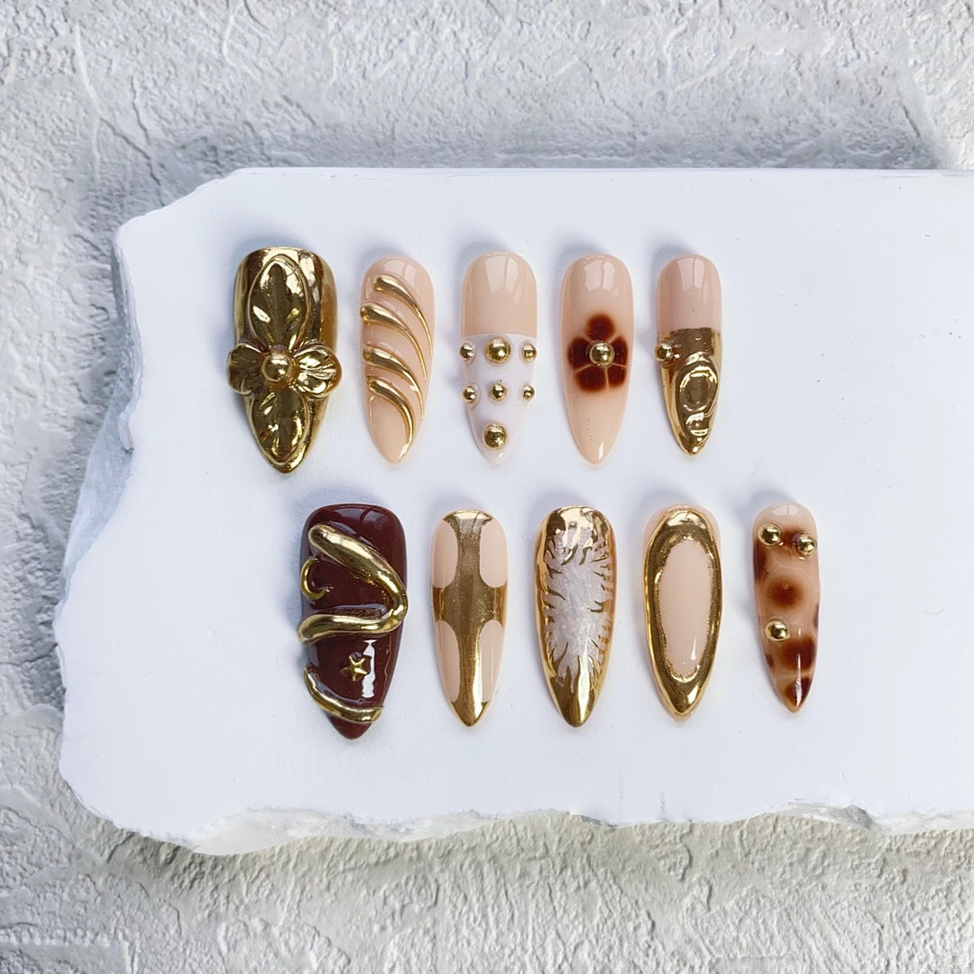 Gold 3D Chrome Nails/3d Snake Gothic Press on Nails Long Almond Nails ...