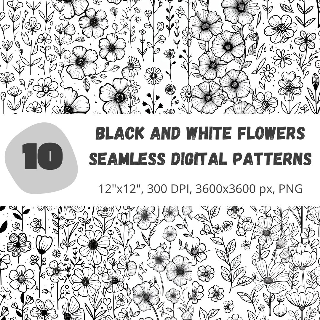 Black and White Flowers Digital Patterns, Coloring Book Style, Digital ...