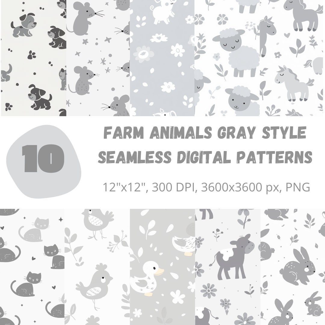 Farm Animals Digital Patterns, Pets Seamless, Grey Colors, Digital ...